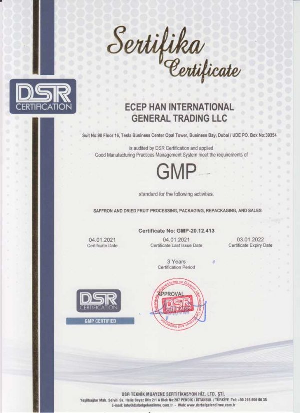 Good Manufacturing Practices GMP Certification - Harir Saffron